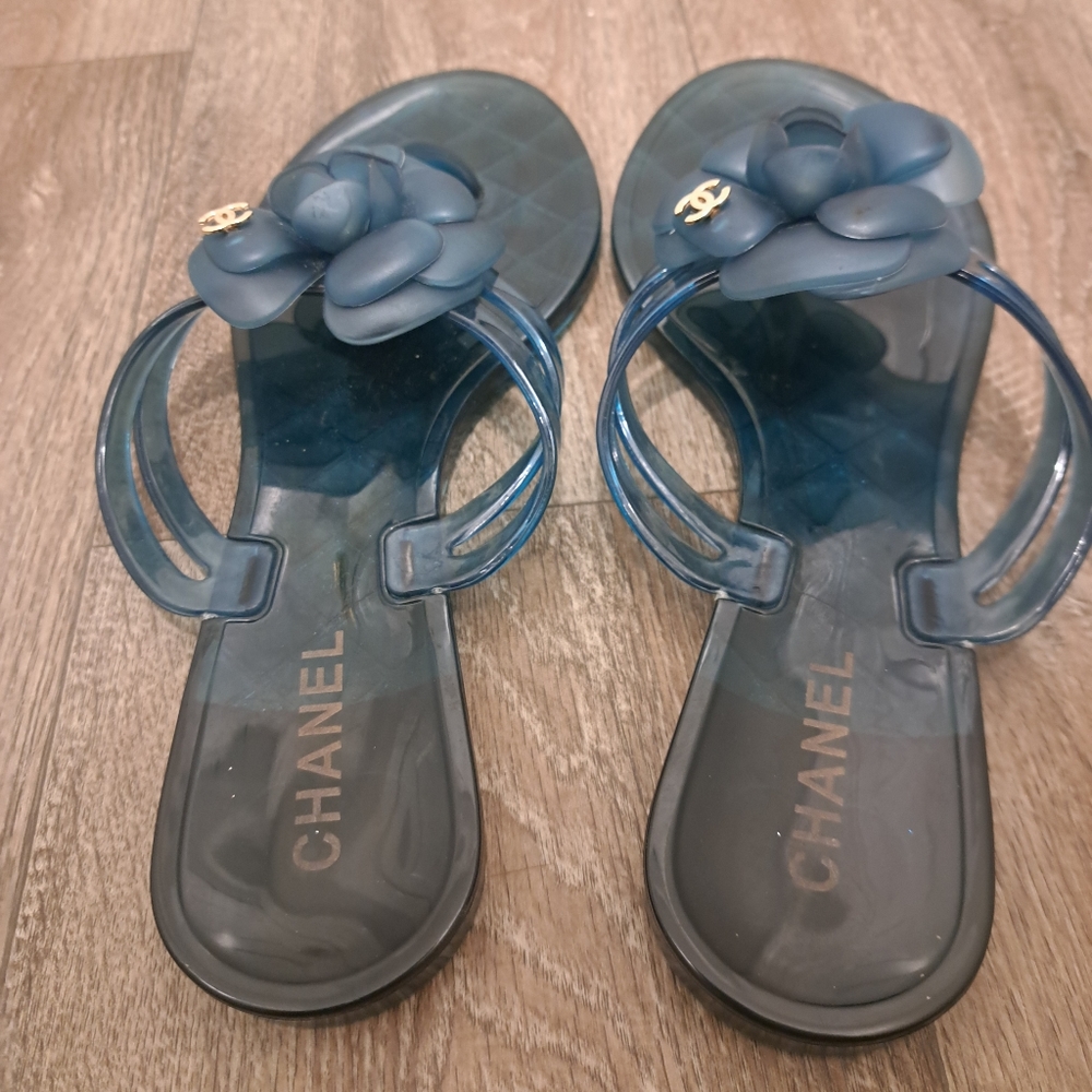 Chanel Interlocking Cc Rubber Thong Slides Blue Sanda… - Gem